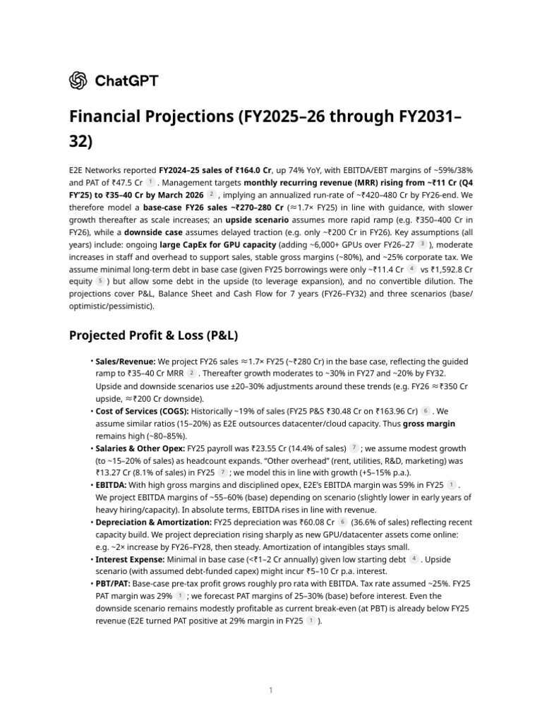 Financial Projections (FY2025-26 Through FY2031-32) | PDF | Equity (Finance) | Debt