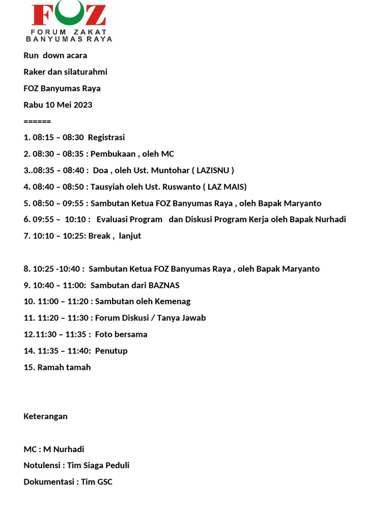 Run Down Acara Raker Foz Banyumas Raya 10 Mei 2023 Final(2) | PDF