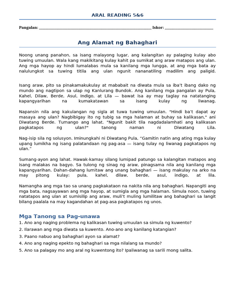 Alamat NG Bahaghari Story and Questions | PDF