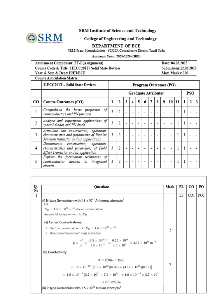 FT1 Assignment Solutions | PDF | Electrical Resistivity And Conductivity | Semiconductors