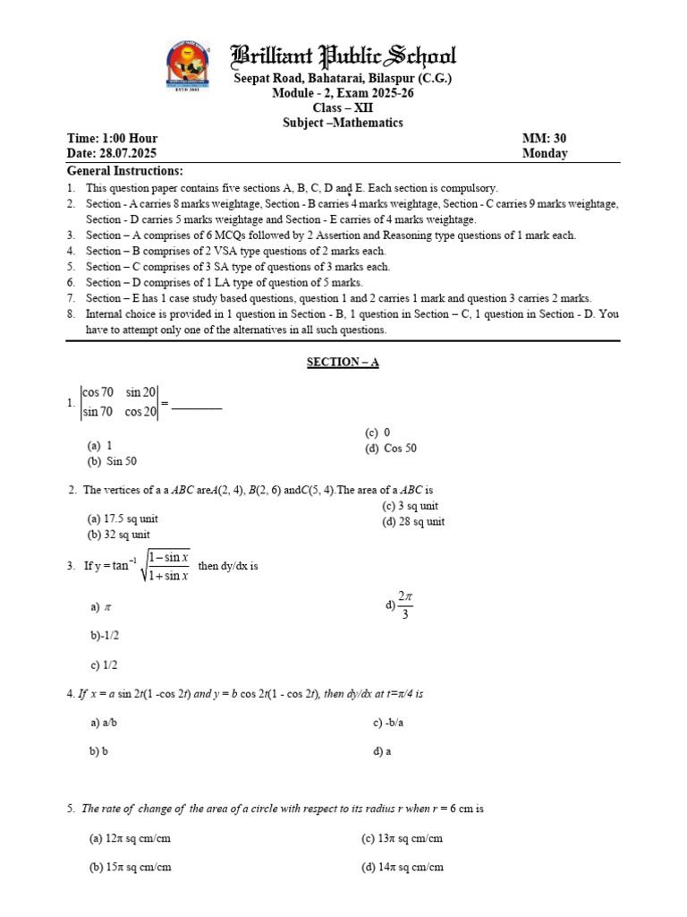 Mathematics Class 12 M2 2025-26 (28.07.2025) | PDF | Algebra | Mathematics