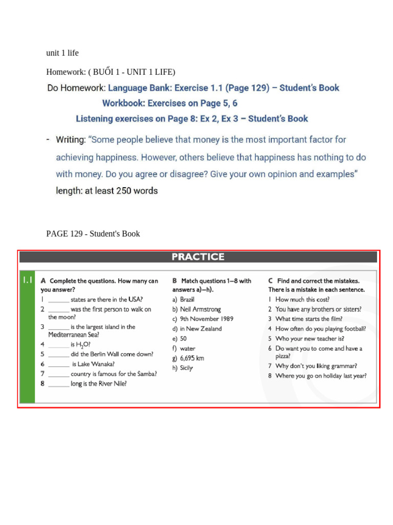 Unit 1 Life Homework: (BU I 1 - UNIT 1 LIFE) | PDF