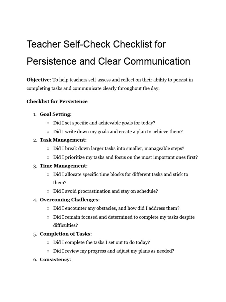 Teacher Self-Check For Persistence and Clear Communication | PDF