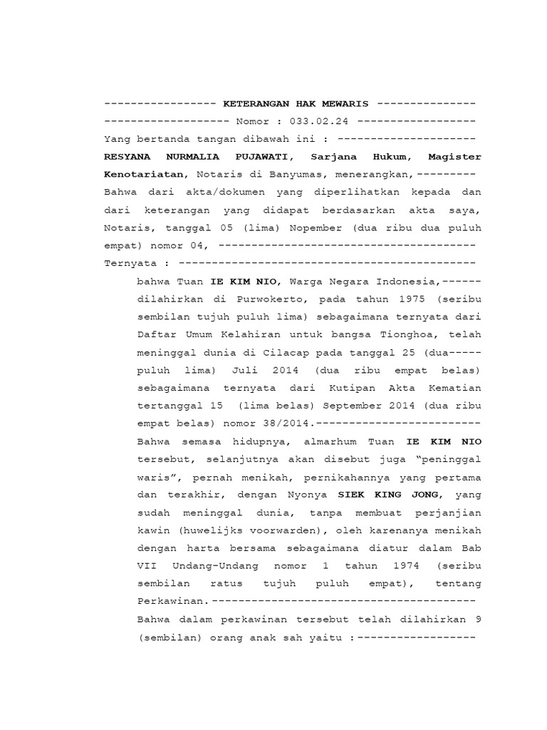 Surat Keterangan Waris Tuan IE Kim Nio | PDF