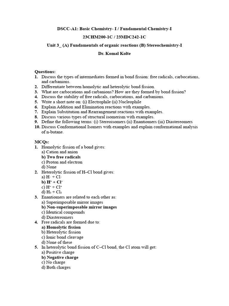 Question Bank - B.sc. Sem 1 - Basic Chemistry - Fundamental Chemistry | PDF