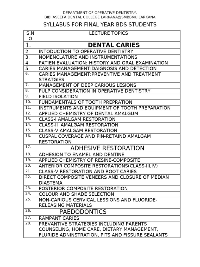 Final Year BDS Operative Dentistry Syllabus | PDF | Dentistry ...