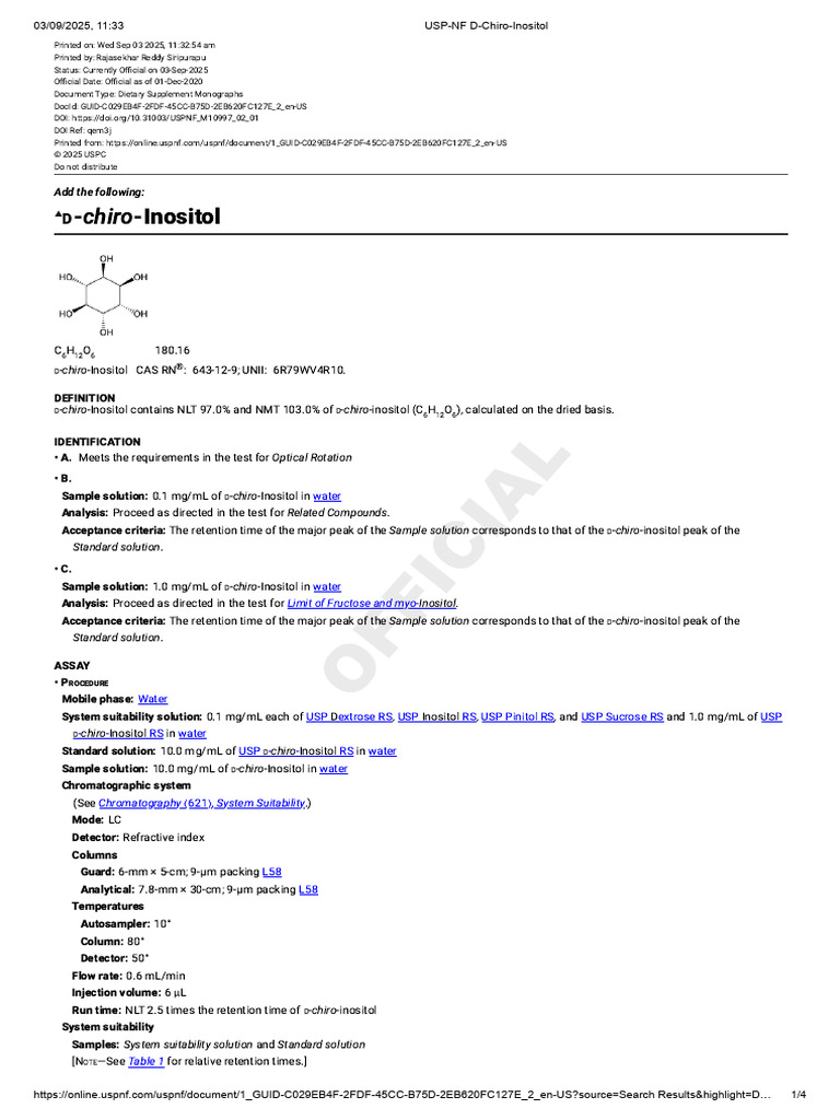 USP Monograph for D-Chiro-Inositol | PDF | Chromatography | Glucose