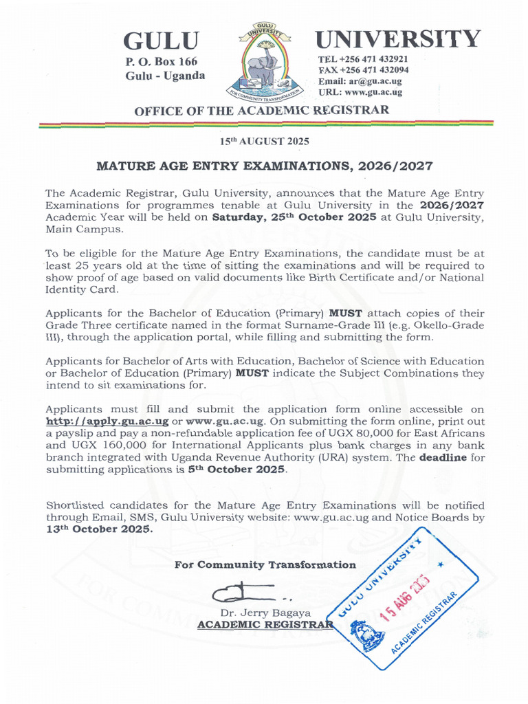 Gulu University Announcement For Mature Age Entry Examinations 2026 ...