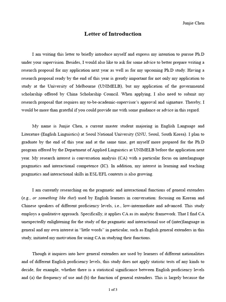 Letter of Introduction (Junjie Chen) | PDF | English As A Second Or Foreign Language | Learning
