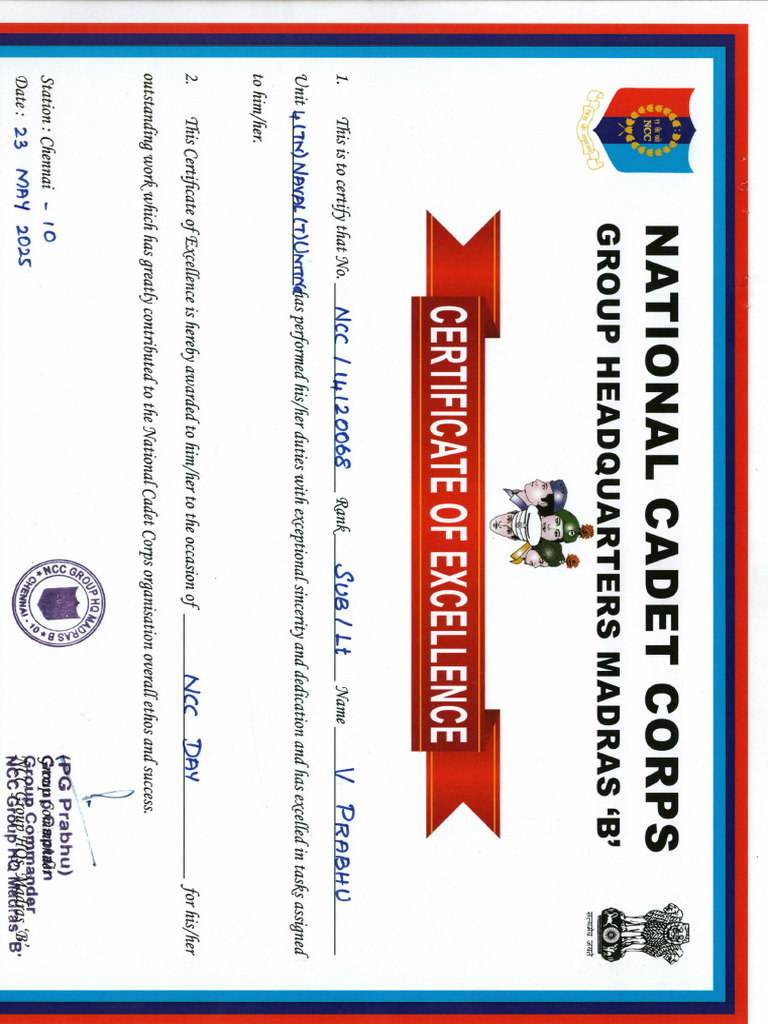 V - Prabhu - NCC Day (Certificate) | PDF