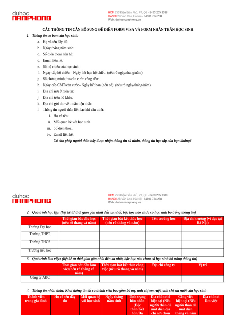 Form Khai Thông Tin - Học Sinh | PDF