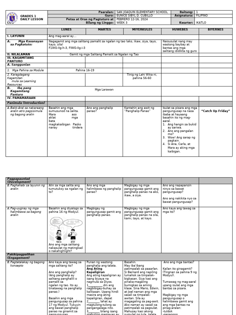 q3 - Week 3 DLL - Fil 1 | PDF