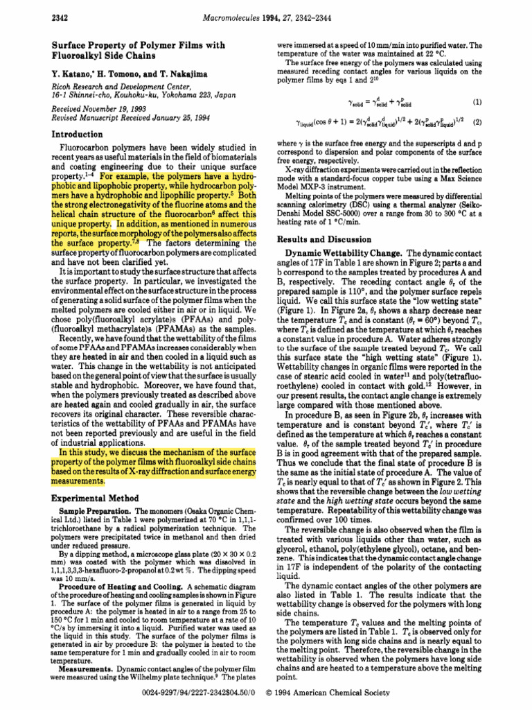Tomono Et Al 2002 Surface Property of Polymer Films With Fluoroalkyl ...