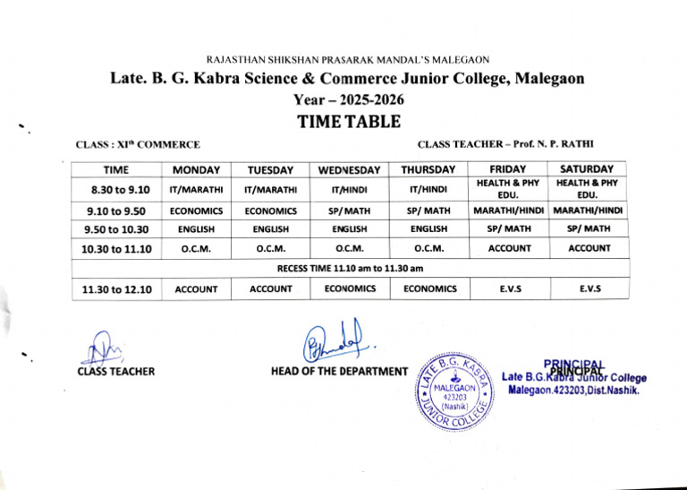 Class X Commerce Time Table 2025-2026 | PDF