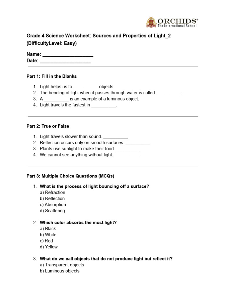 Grade 4 Science Worksheet 2 (DifficultyLevel Easy) | PDF
