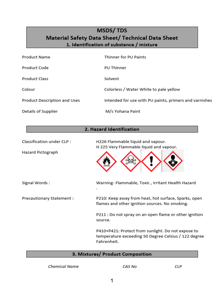 MSDS-TDS-Thinner - PU Paints | PDF | Dangerous Goods | Toxicity