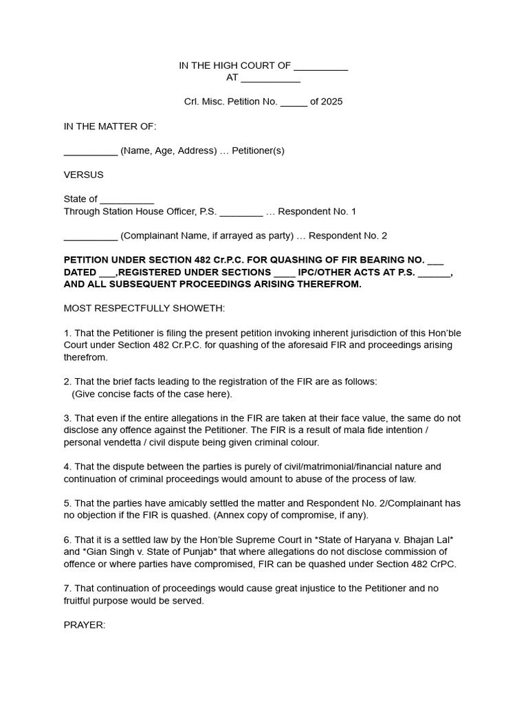 Quashing FIR: Compromise Petition | PDF