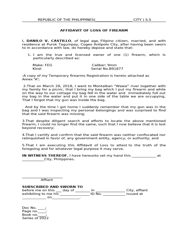 Affidavit of Loss Firearm | PDF