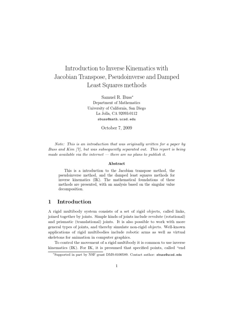 Introduction To Inverse Kinematics With Jacobian Transpose Pseudo Inverse And Damped Least