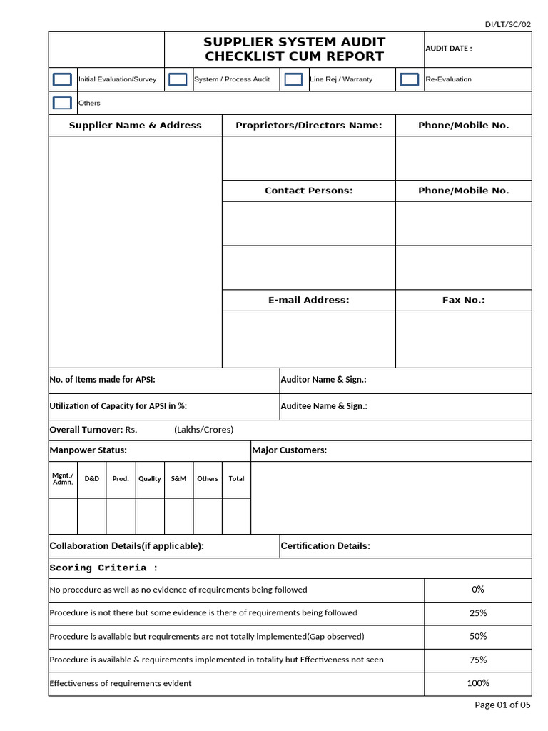 System Audit Checklist Cum Report | PDF | Audit | Calibration