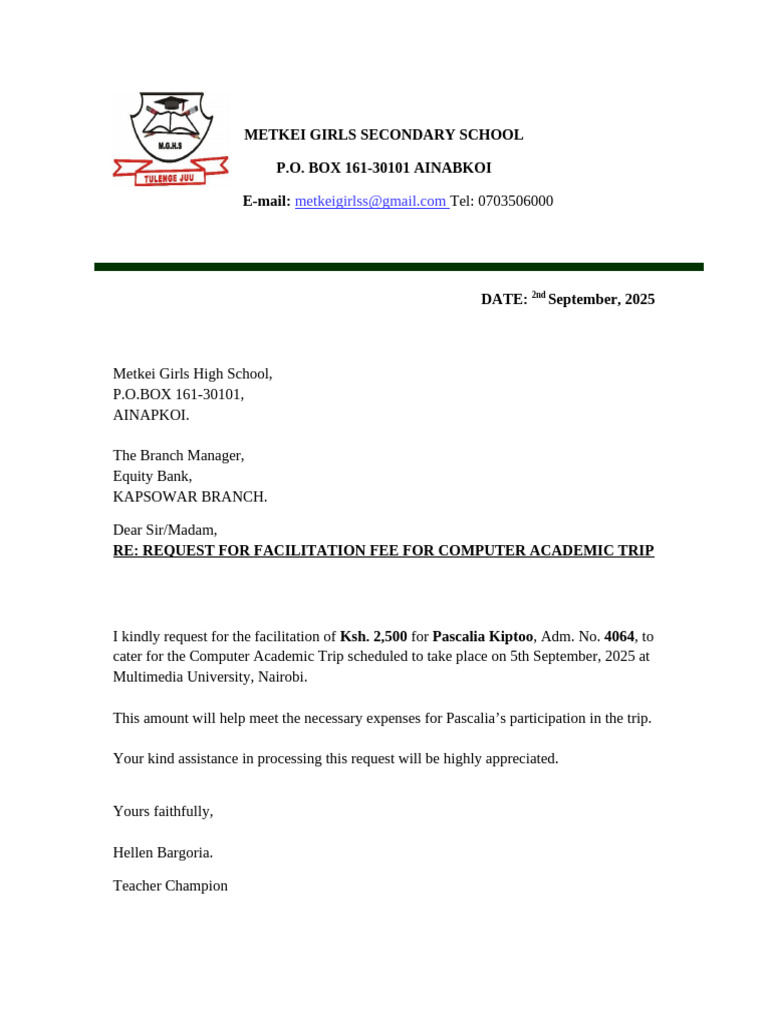 Request Letter Equity Bank | PDF
