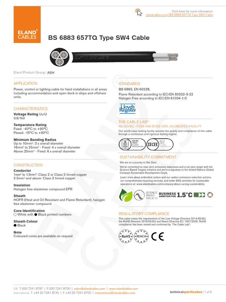 BS 6883 657TQ Type SW4 Cable Specs | PDF | Electrical Conductor | Wire