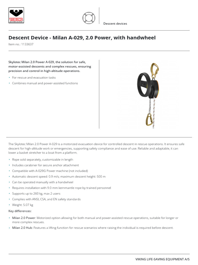 Descent Device - Milan A-029, 2.0 Power, With Handwheel | PDF