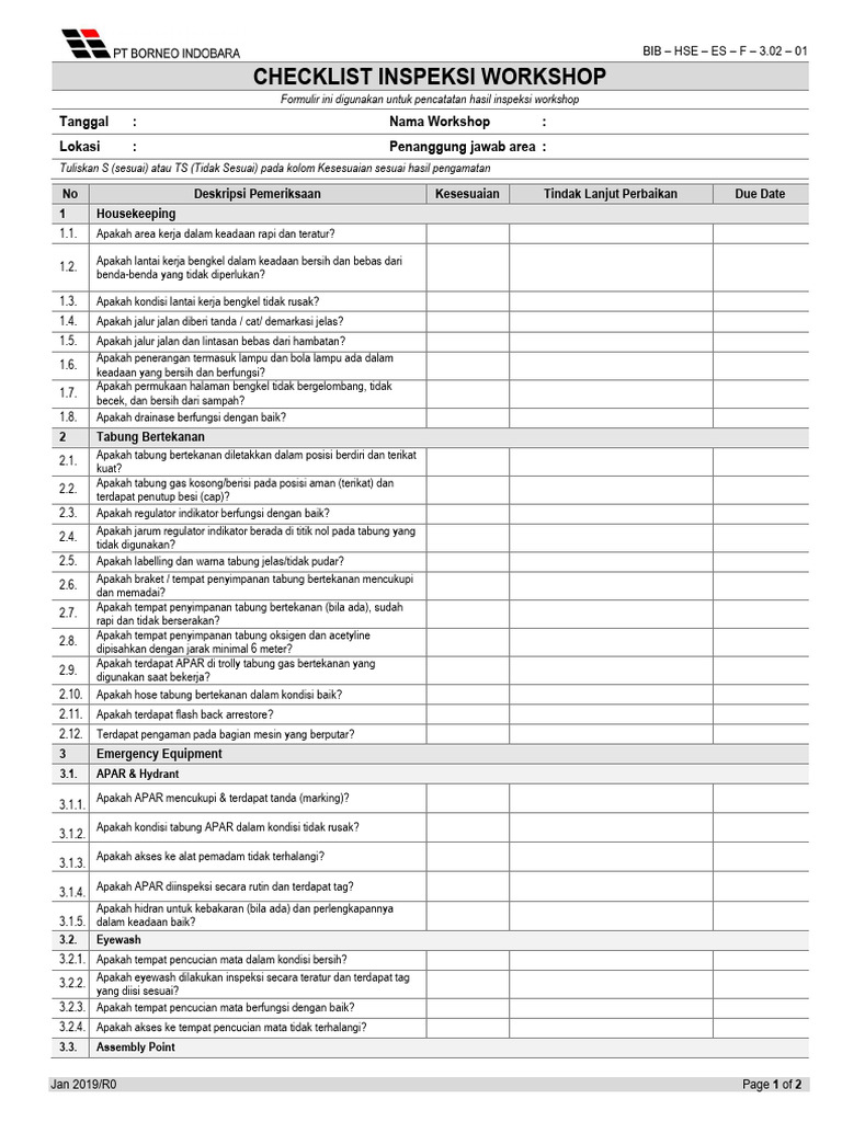 Checklist Inspeksi Workshop HSE 2019 | PDF