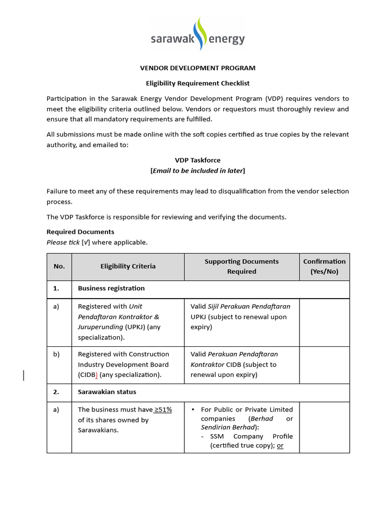 Sarawak Energy Vendor Eligibility Checklist | PDF | Business Law | Business