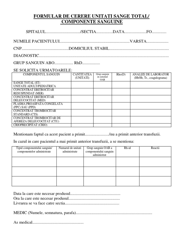 Formular de Cerere Unitati Sange Total