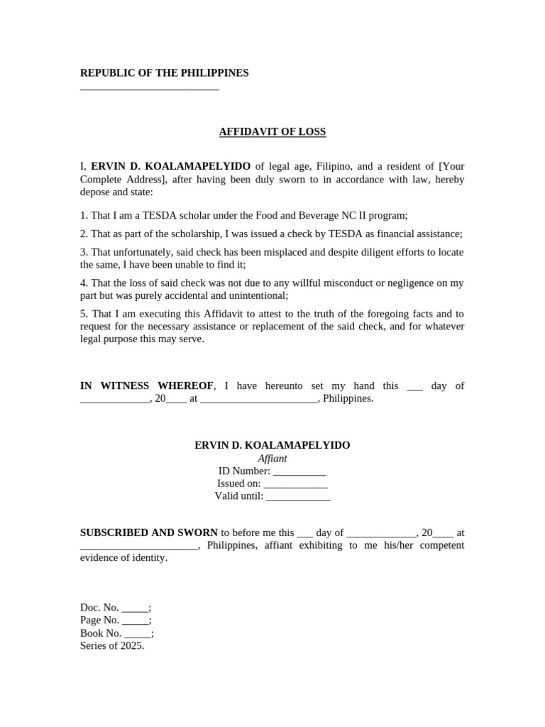 Affidavit of Loss TESDA Check | PDF