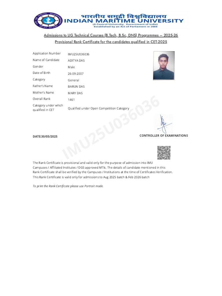 Imu25u036036 - Imu Cet 2025 - Rank Card | PDF