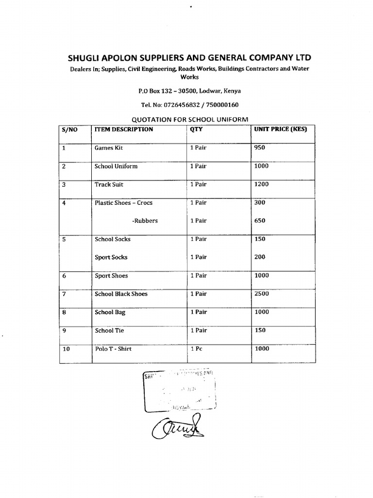 Shughli Apolon Suppliers Company LTD - Quotation For School Uniform | PDF