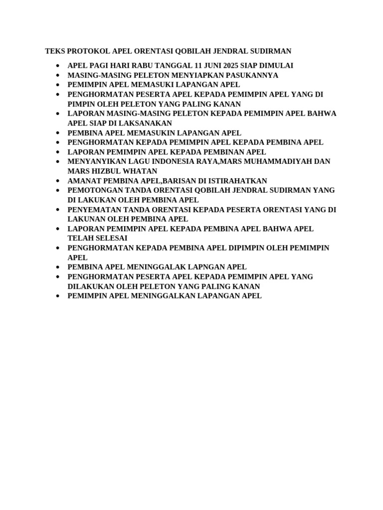 Teks Protokol Apel Orentasi Qobilah Jendral Sudirman | PDF