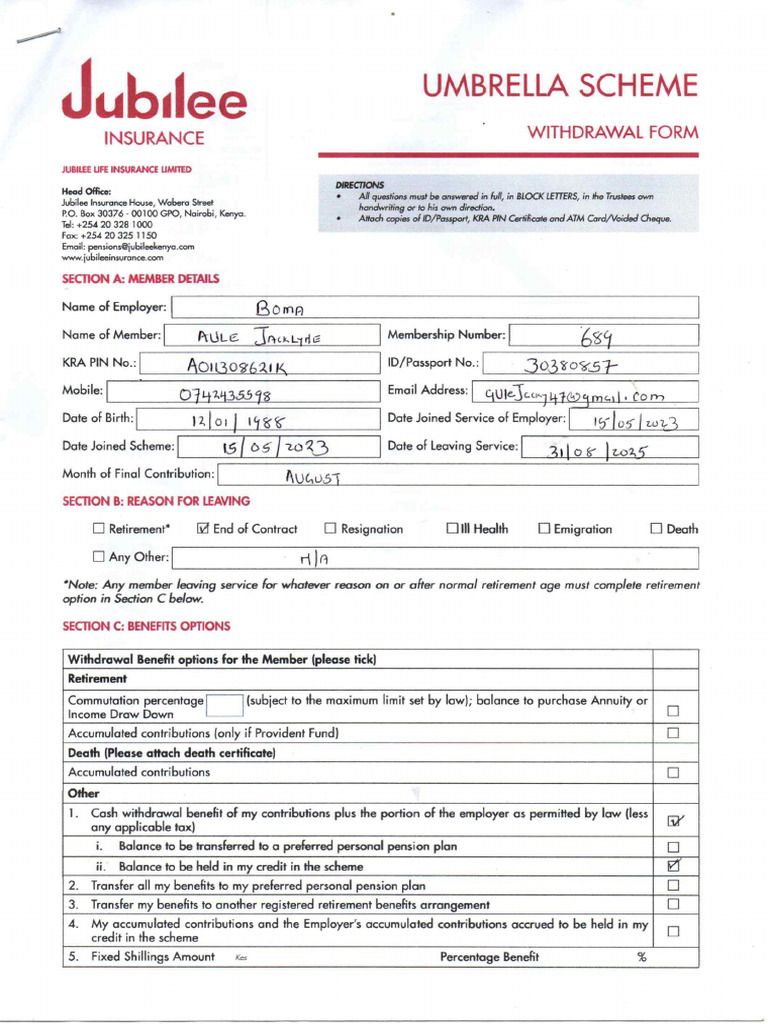 Jubilee Umbrella Scheme Withdrawal Form | PDF