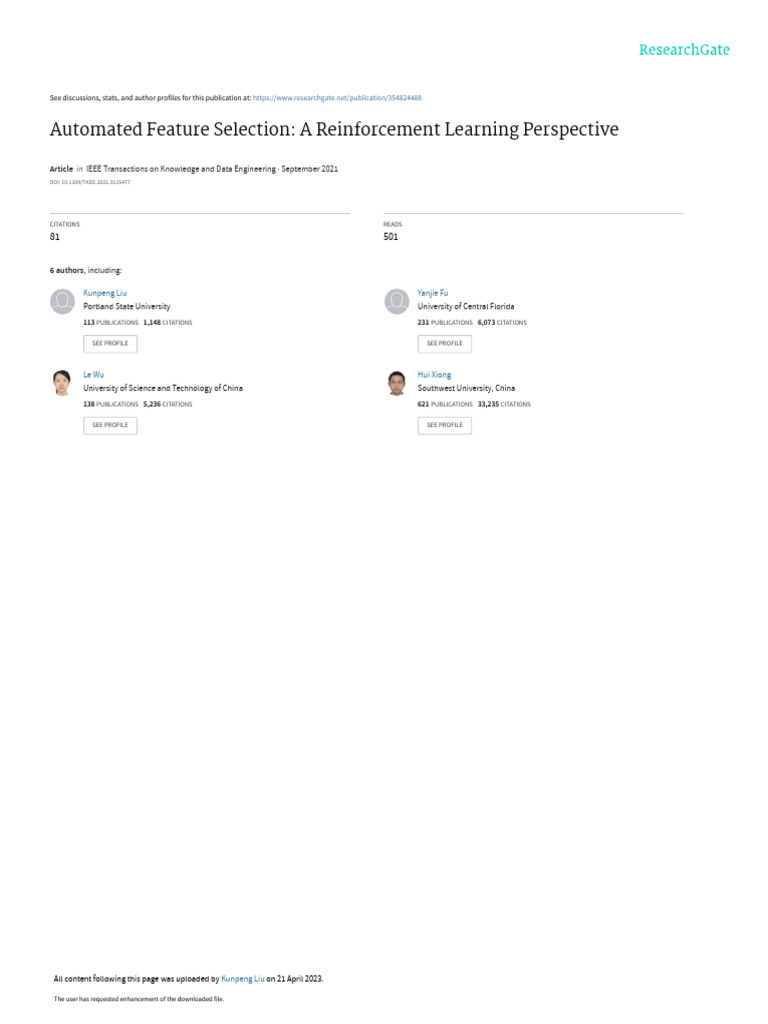 TKDE Automated Feature Selection A Reinforcement Learning Perspective | PDF | Machine Learning ...