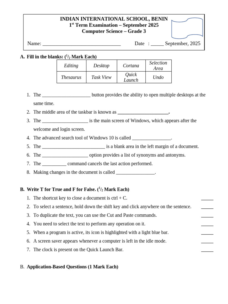 Grade 3 Ist Term Exam 2025 - 015624 | PDF | System Software | Graphical ...