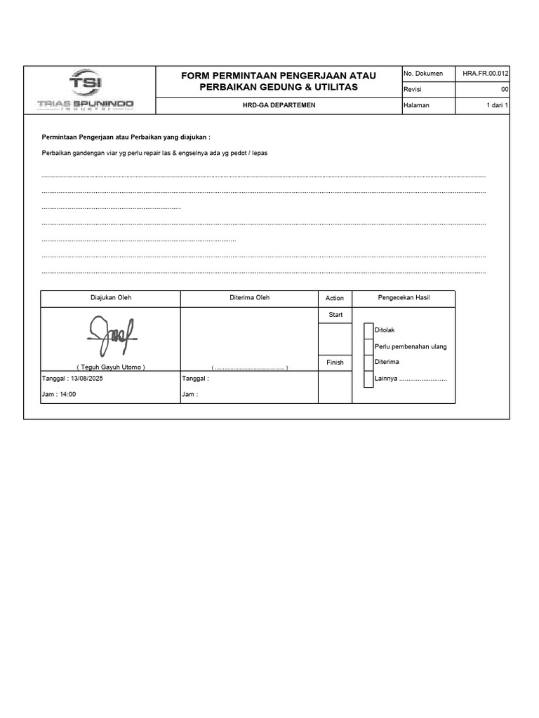 03. Form Permintaan Pengerjaan Atau Perbaikan Viar_signed | PDF
