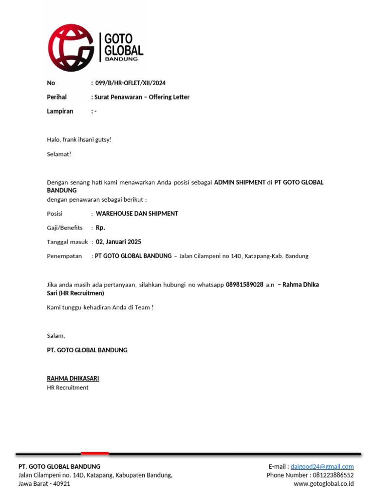 Offering Letter Example | PDF