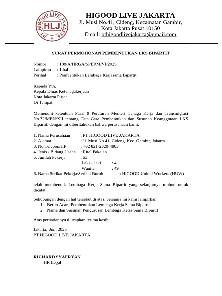 Permohonan LKS Bipartit HIGOOD Jakarta | PDF