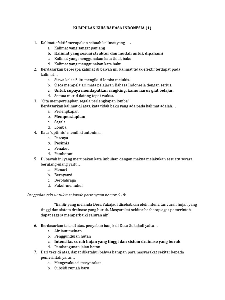 Kumpulan Kuis Bahasa Indonesia | PDF