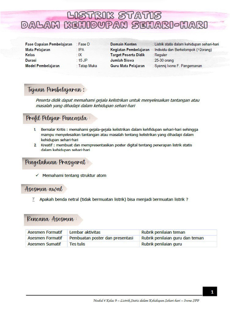 Modul Ajar Ilmu Pengetahuan Alam (IPA) - Listrik Statis - Fase D | PDF