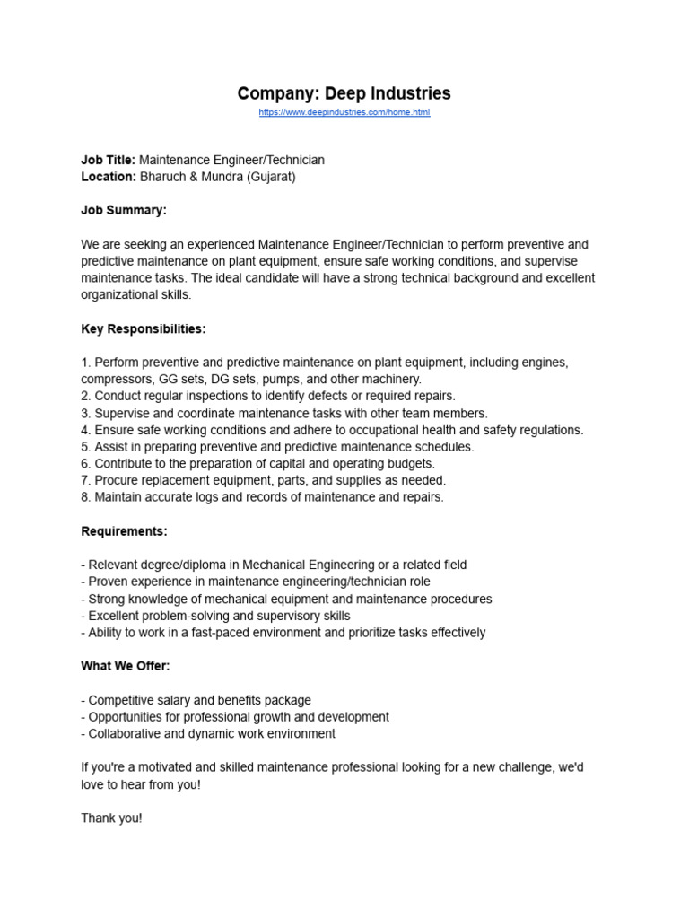 Deep Industries - JD - Mechnaical Engineering | PDF