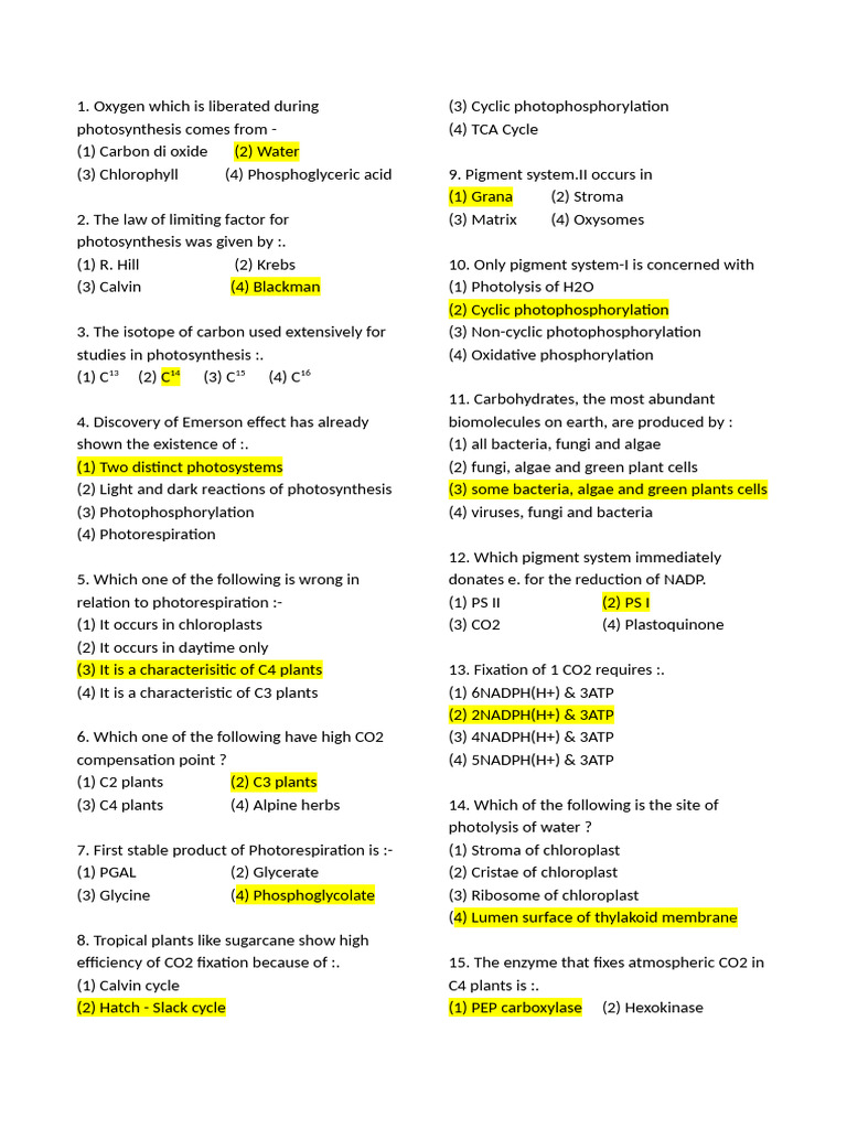 Photosynthesis and Respiration Quiz | PDF | Cellular Respiration ...