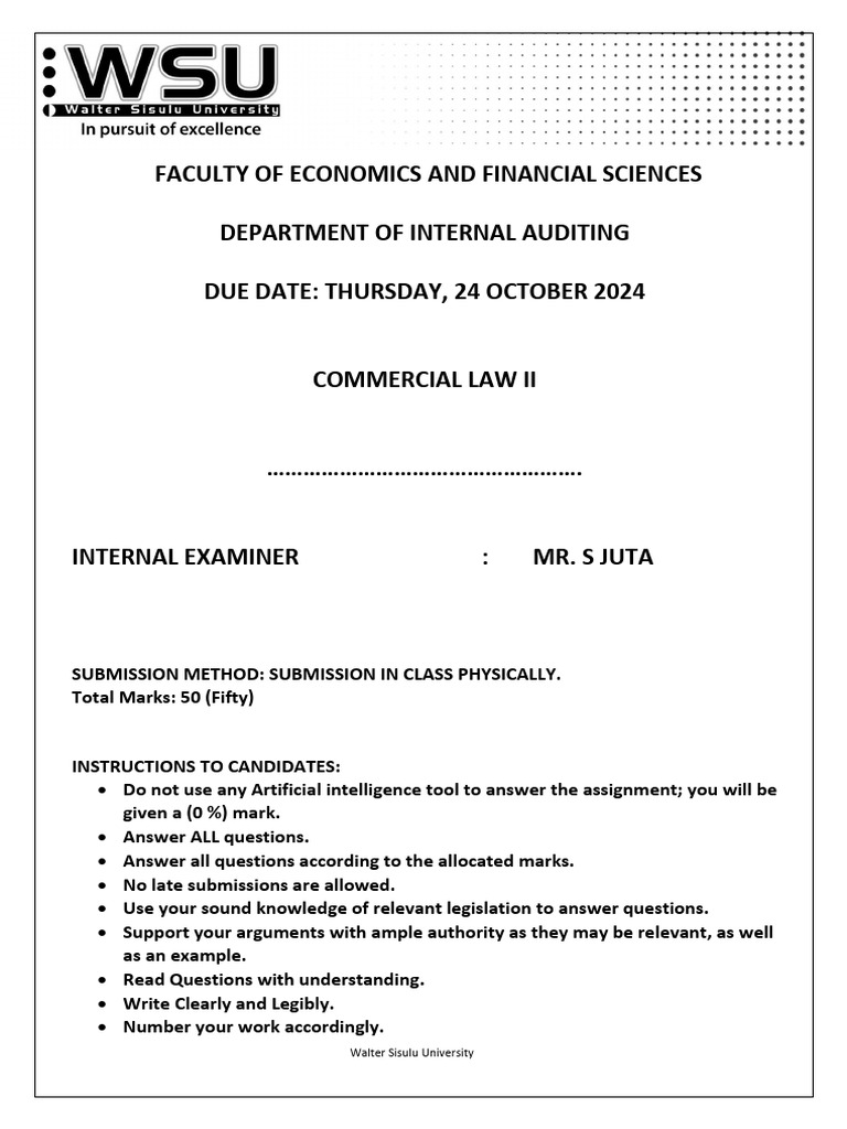 Commercial Law Assignment Semester 2 2024 (MR S Juta) .Done | PDF