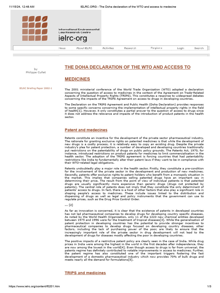 The Doha Declaration of The WTO and Access To Medecine | PDF | Trips ...