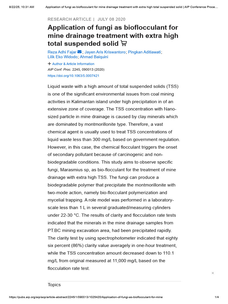 Application of Fungi As Bioflocculant For Mine Drainage Treatment With ...