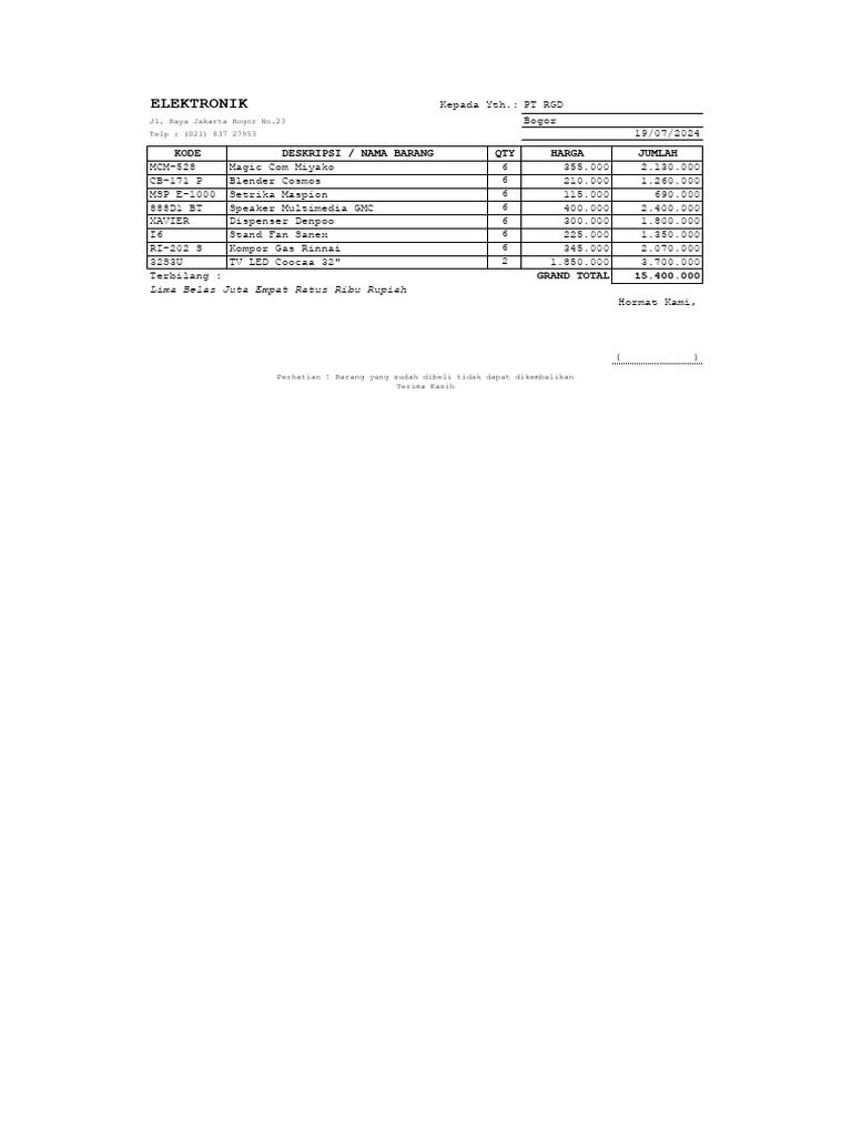 Daftar Harga Elektronik PT RGD Bogor | PDF