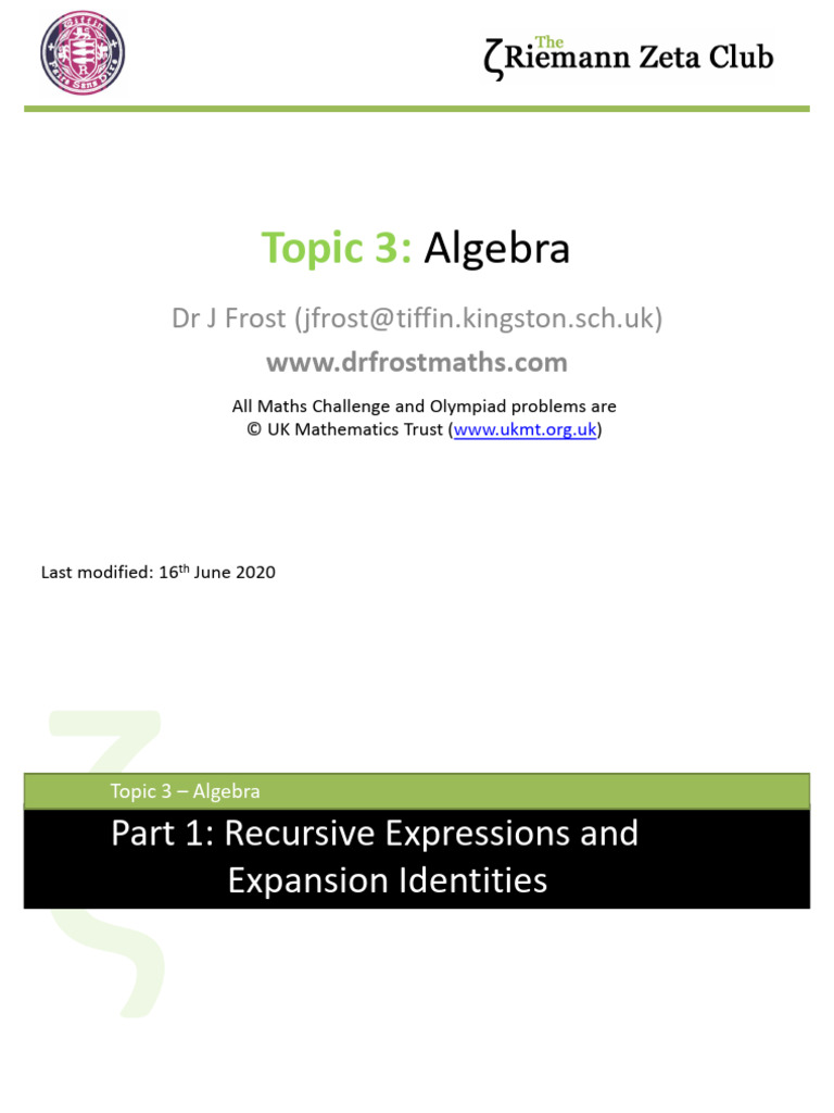 Riemann Zeta Algebra Notes | PDF | Inequality (Mathematics) | Equations