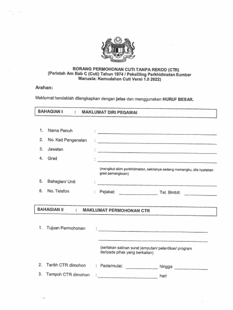 Borang Permohonan Cuti Tanpa Rekod CTR | PDF